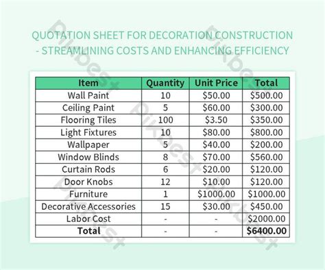 Quotation Sheet For Decoration Construction Streamlining Costs And Enhancing Efficiency Excel