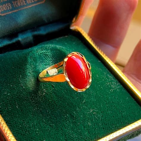 Anello Corallo Rosso Naturale E Argento 925 Placcato Oro 18k Made In