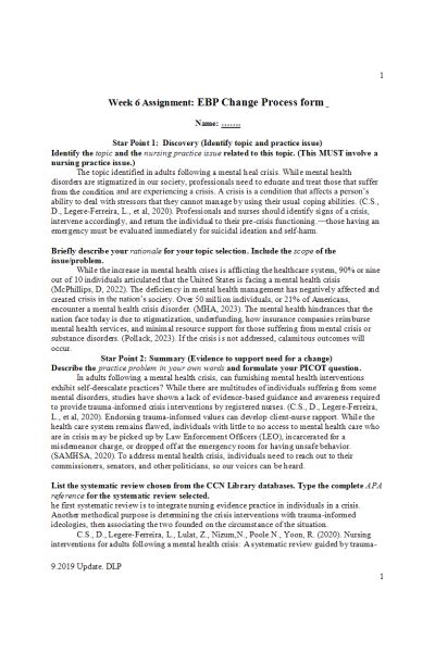 NR 451 Week 6 Assignment EBP Change Process Form Mental Health Crisis Course Resources