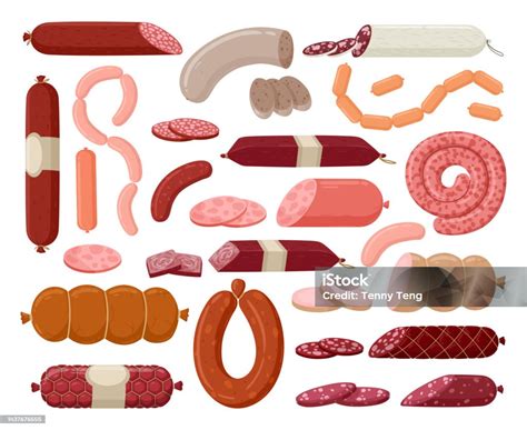 만화 소시지 정육점 육류 제품 신선한 고기 반제품 소시지와 프랑크푸르트 플랫 벡터 일러스트 세트 맛있는 고기 음식 수집 갈비 음식에 대한 스톡 벡터 아트 및 기타 이미지