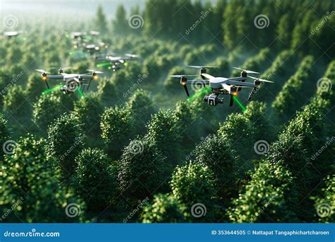Network Of Drones Flying In Formation During Sunset Symbolizing Aerial Technology Stock