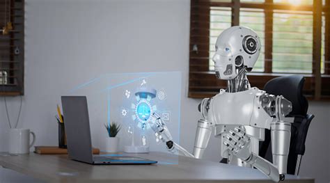 3d 렌더링 로봇은 노트북과 Ai 네트워크 인터페이스 아이콘을 만지고 있다 가상현실에 대한 스톡 사진 및 기타 이미지 가상현실 로봇 컴퓨터 모니터 Istock