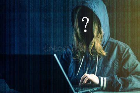 anonymous girl hacker programmer uses laptop to hack system stealing