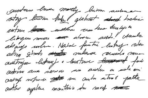 글자를 위한 잉크로 손으로 쓴 추상적인 텍스트 줄이 그어진 단어가 있는 읽을 수 없는 텍스트입니다 실수가 있는 읽을 수 없는 텍스트 페이지입니다 문자에 대한 스톡 벡터 아트