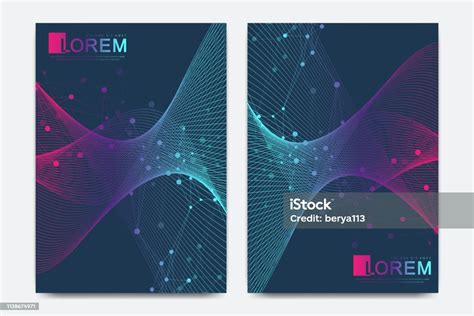 브로셔 전단 전단지 커버 및 A4 크기의 카탈로그에 대 한 최신 벡터 템플릿입니다 Dna 나선 Dna 가닥 분자 또는 원자 뉴런 과학 또는 의료 배경에 대 한 추상 구조