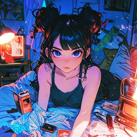 Anime Girl Relaxing On Her Bed With A Camera In A Colorful Cozy Room