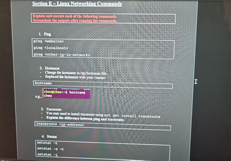solved section e linux networking commands explain and