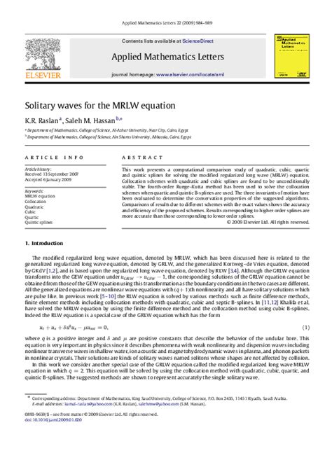 Pdf Solitary Waves For The Mrlw Equation
