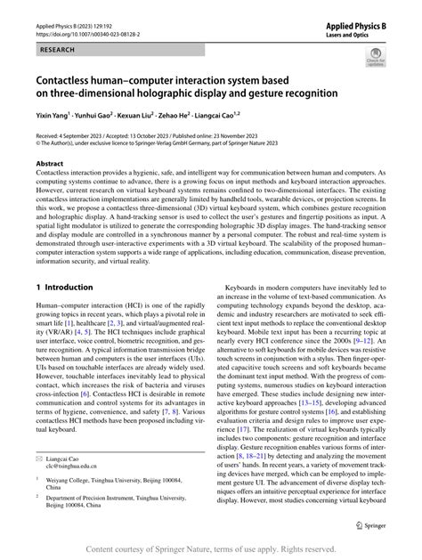 Contactless Human Computer Interaction System Based On Three Dimensional Holographic Display And