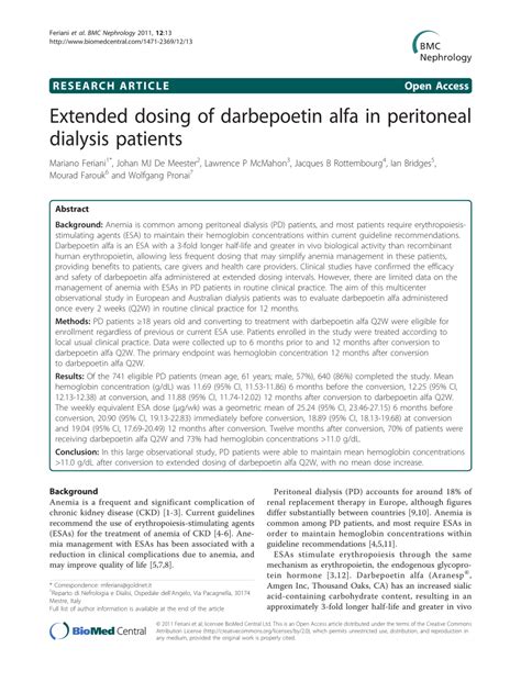 Pdf Extended Dosing Of Darbepoetin Alfa In Peritoneal Dialysis Patients