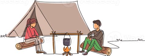 Continuous One Line Drawing Couple Man Woman Hikers Sitting On Log