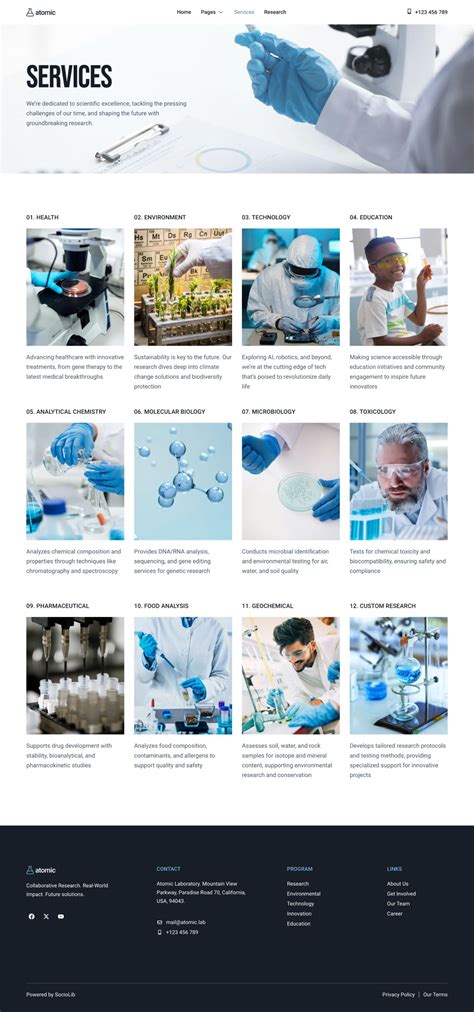 atomic laboratory and science research elementor template kit by sociolib