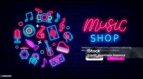 음악 가게 네온 프로모션 웹 사이트 방문 페이지 템플릿 아이콘이 있는 원 레이아웃입니다 벡터 스톡 일러스트레이션 뮤직 페스티발에 대한 스톡 벡터 아트 및 기타 이미지
