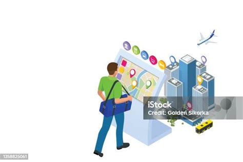 등극 성 프로모션 인터랙티브 정보 키오스크 광고 디스플레이 터미널 스탠드 터치 스크린 디스플레이 남자는 도시지도와 대화 형 터치 스크린을 사용 쇼핑 몰에 대한 스톡 벡터