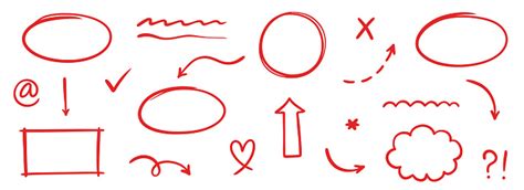 펜 마커 선 빨간색 화살표 밑줄 강조 요소 집합 손으로 그린 빨간색 마커 브러시 스트로크 스타일 화살표 텍스트 밑줄 둥근 프레임 세트 낙서 스케치 연필 텍스트 장식 벡터 0