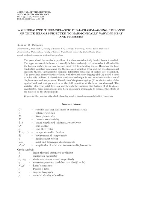 Pdf A Generalized Thermoelastic Dual Phase Lagging Response Of Thick