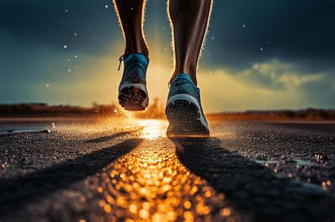 Premium Ai Image Runners Feet Pounding On The Pavement Generative Ai