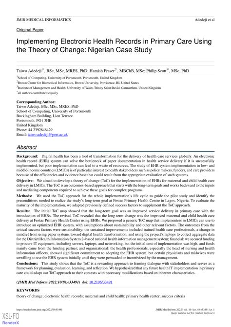 Pdf Implementing Electronic Health Records In Primary Care Using The