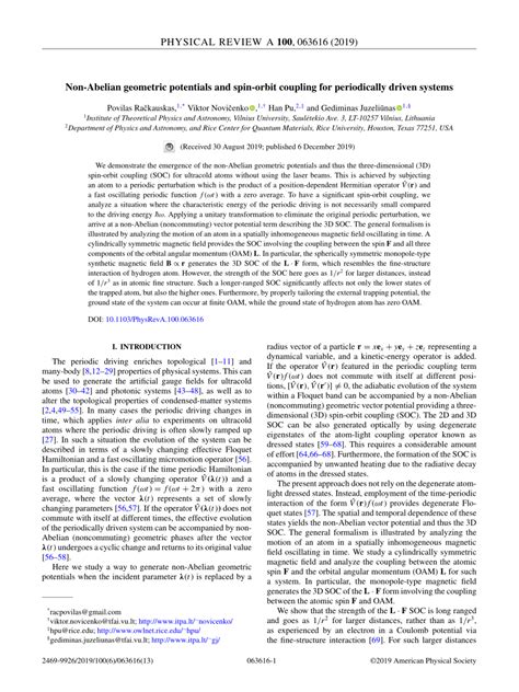 Pdf Non Abelian Geometric Potentials And Spin Orbit Coupling For Periodically Driven Systems