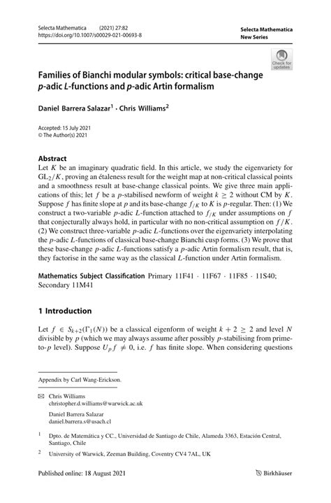 PDF Families Of Bianchi Modular Symbols Critical Base Change P Adic L Functions And P Adic