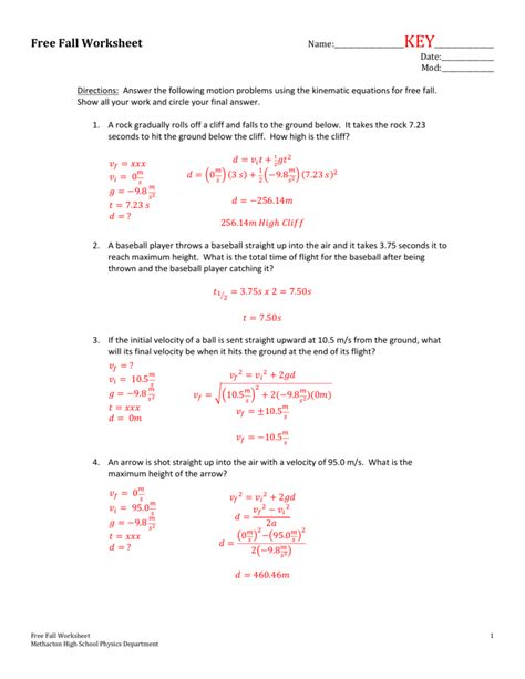Kinematics Worksheet With Answers