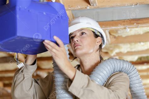 Female Worker Fitting Ventilation System In Buildings Ceiling Photo