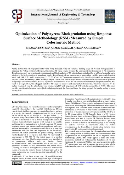 Pdf Optimization Of Polystyrene Biodegradation Using Response Surface Methodology Rsm