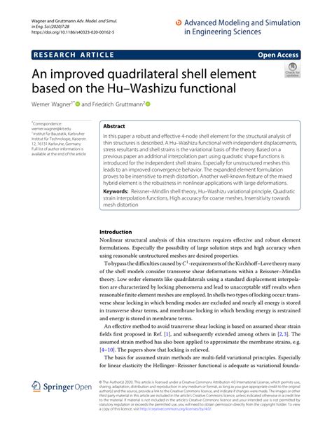 Pdf An Improved Quadrilateral Shell Element Based On The Hu Washizu Functional