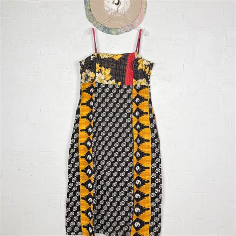 Kantha Strap Long Dress Vintage Black Yellow Love Protect Sustain