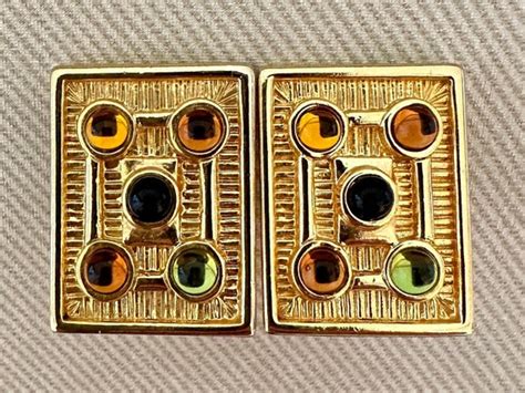 Rare Deco Monet Glass Cabochon Clip On Statement Earr… Gem