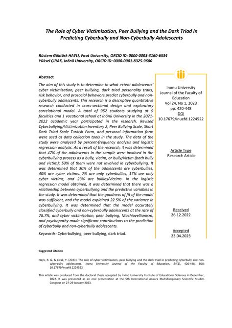 Pdf The Role Of Cyber Victimization Peer Bullying And The Dark Triad In Predicting Cyberbully