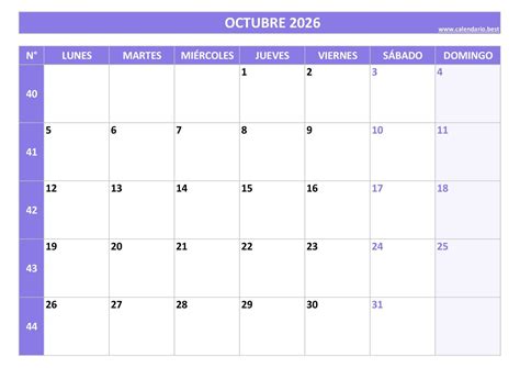 Calendario De Octubre De 2026 Para Imprimir Pdf Y 