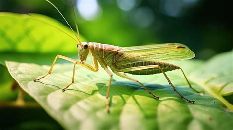 Premium Ai Image Tiny Grasshopper On A Green Leaf