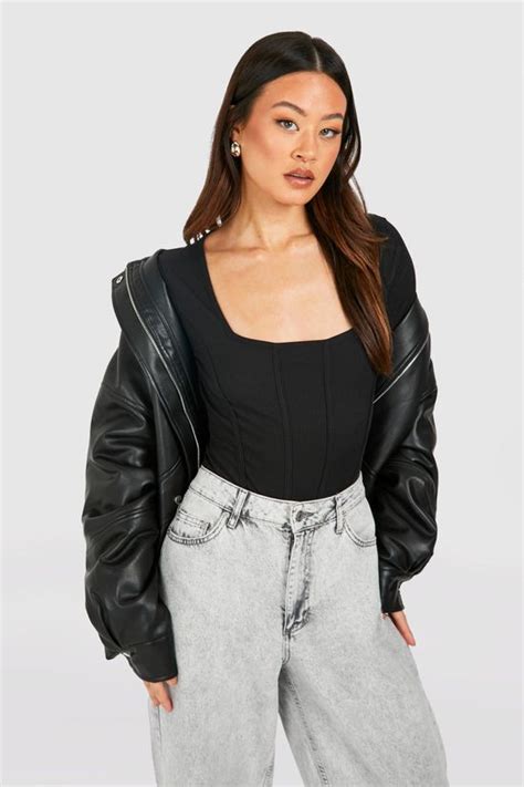 Tops Tall Rib Corset Detail Bodysuit Boohoo