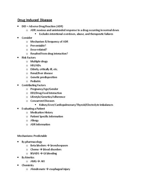 Drug Induced Disease Notes Drug Induced Disease Did Adverse Drug Reaction Adr O Adr