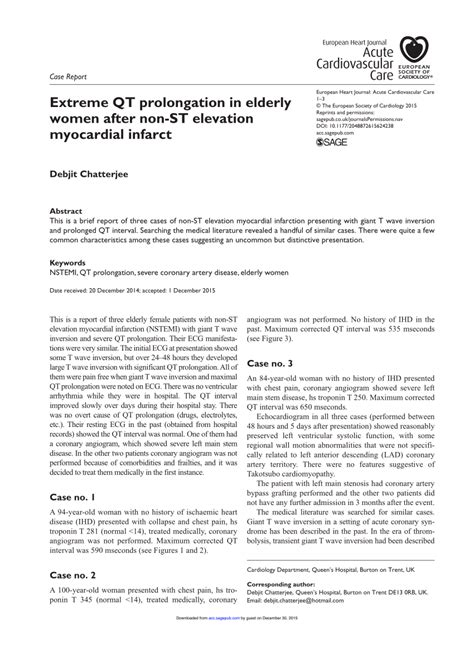 PDF Extreme QT Prolongation In Elderly Women After Non ST Elevation Myocardial Infarct
