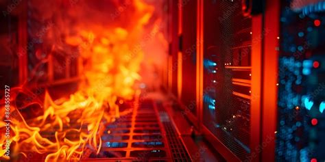 Fire In Server Room Due To Overheated Circuit Board Concept Electrical Malfunction Server Room