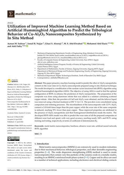 Pdf Utilization Of Improved Machine Learning Method Based On Artificial Hummingbird Algorithm