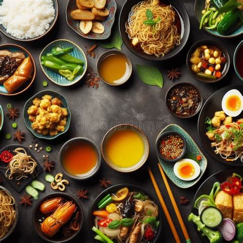Various Of Asian Meals On Dark Background Assorted Dishes Of Traditional Cuisine Stock