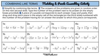 Combining Like Terms Matching PUZZLE Assembling Activity By Niki Math