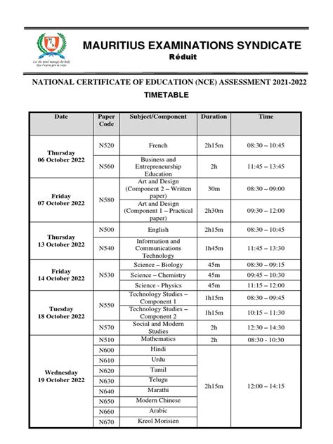 Timetable Nce Assessment 2021 2022 Pdf