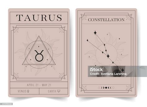 황소자리 점성술 조디악 표지판 및 별자리가 있는 마법 카드 현대 Boho 점성술 포스터 타로 리더와 점성가에게 적합합니다 벡터