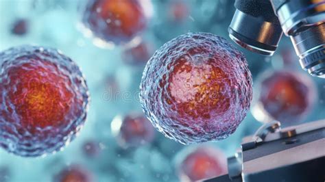 Close Up View Of Cells Under A Microscope Showcasing Vibrant Cellular Structures Stock