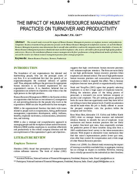 Pdf The Impact Of Human Resource Management Practices On Turnover And Productivitypdf