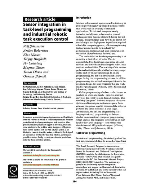 Pdf Sensor Integration In Task Level Programming And Industrial