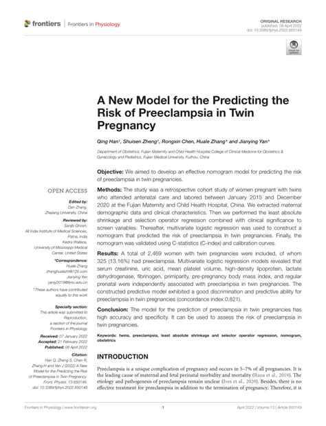 Pdf A New Model For The Predicting The Risk Of Preeclampsia In Twin Pregnancy