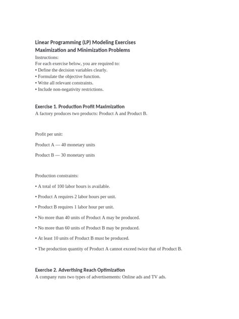 Linear Programming Exercises For Optimization Pdf Mathematical