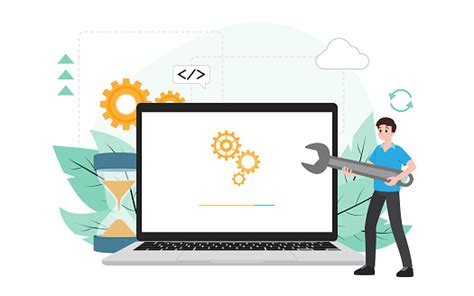 랩톱에서 소프트웨어 업그레이드 프로세스를 갖춘 It 관리자 디지털 시스템 장치 관리 네트워크 업키핑 컴퓨터 시스템 구성 개념