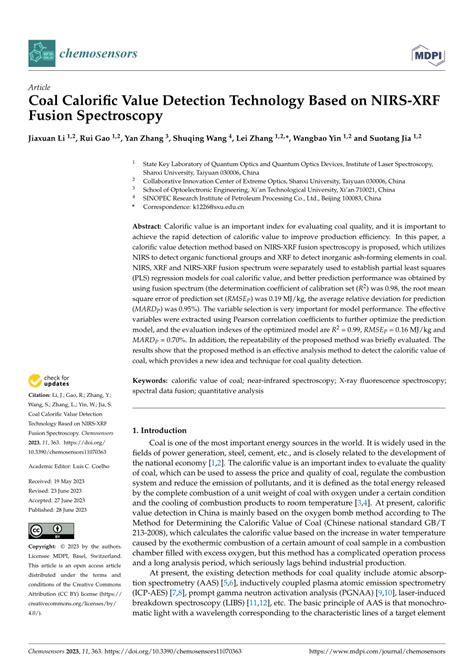 Pdf Coal Calorific Value Detection Technology Based On Nirs Xrf Fusion Spectroscopy