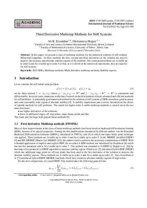 Pdf Third Derivative Multistep Methods For Stiff Systems